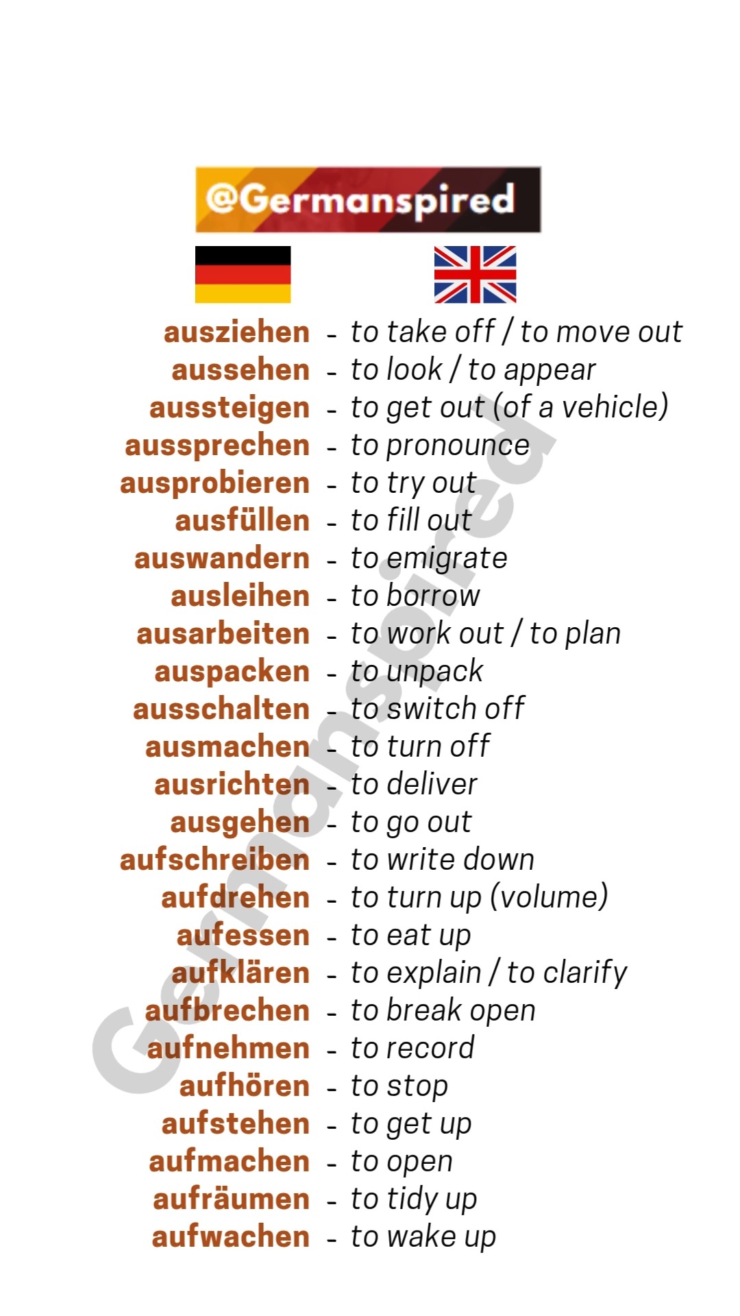Useful and common German separable verbs with the prefix "auf-", each ...