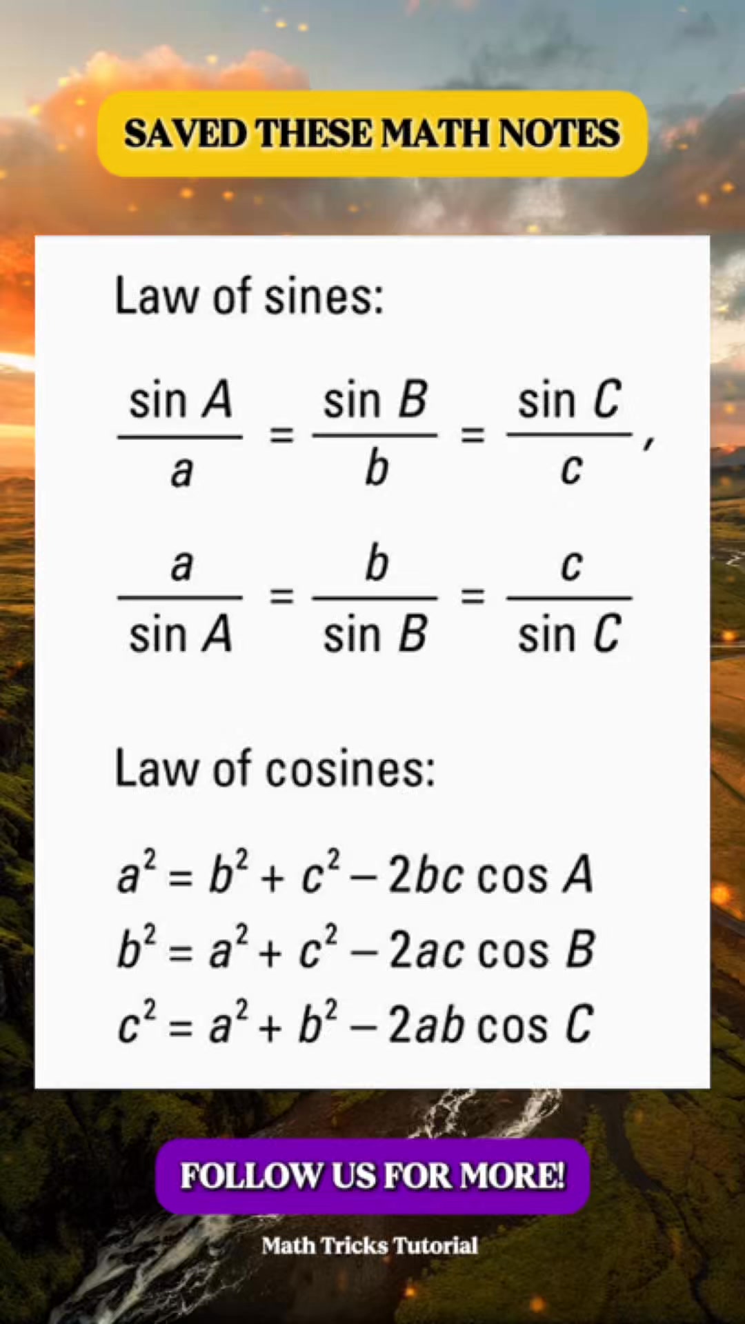 Law of Sines and Cosine Math Notes | Math Tricks Tutorial | Facebook