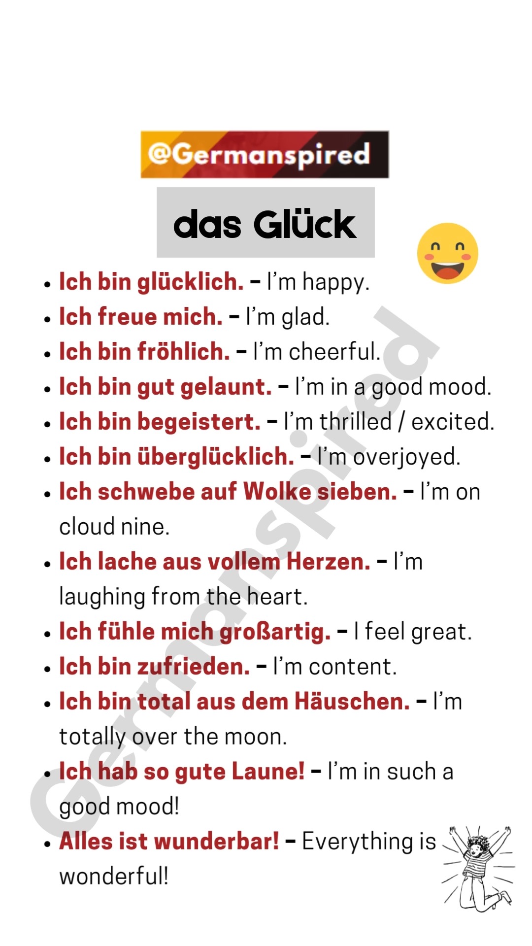 List of happiness expressions in German, each followed by its English ...