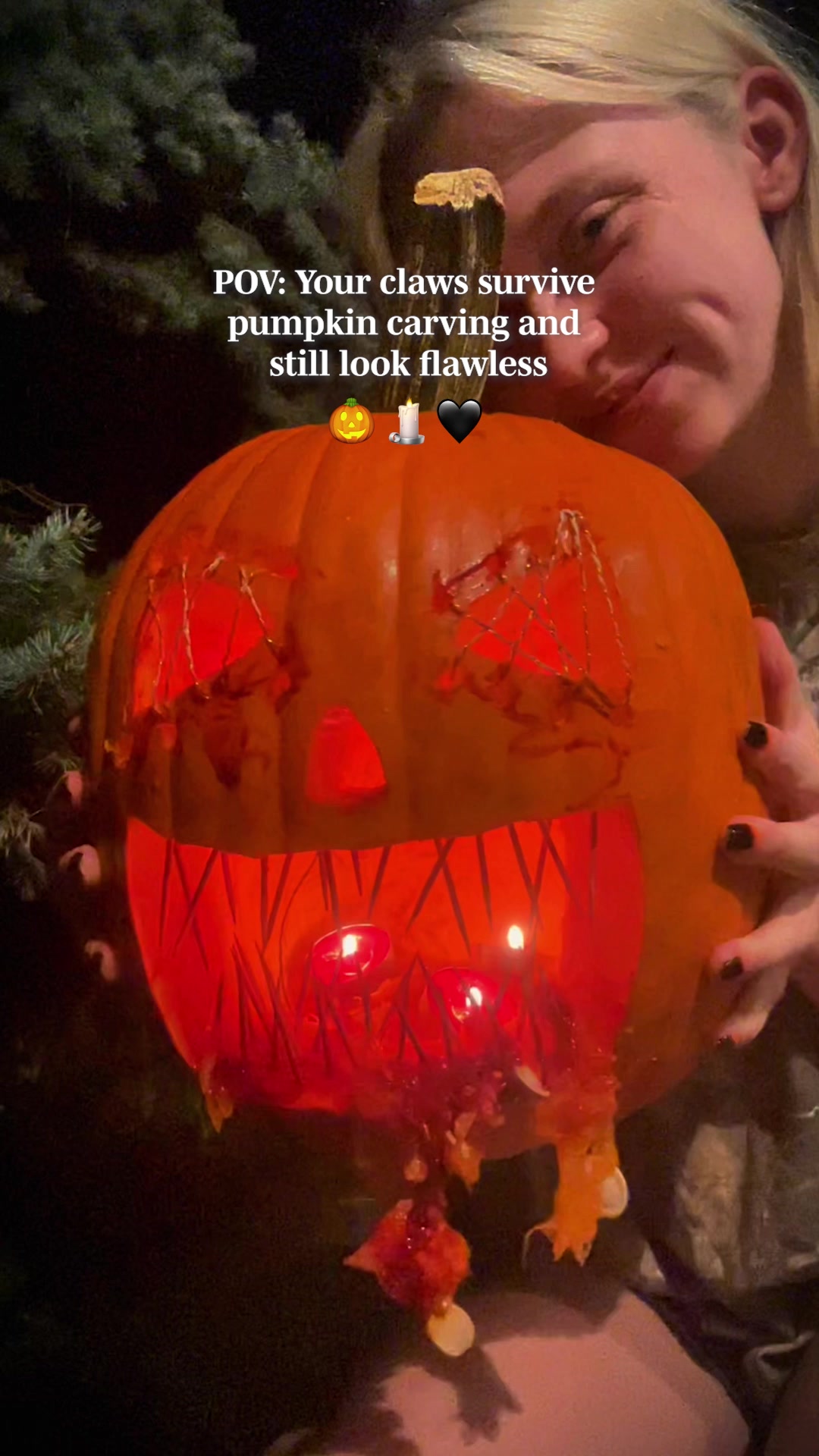 Watch her carve that pumpkin without a single worry about her nails ...