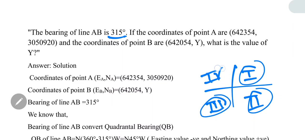 The bearing of line AB is 315°. If the coordinates of point A are ...