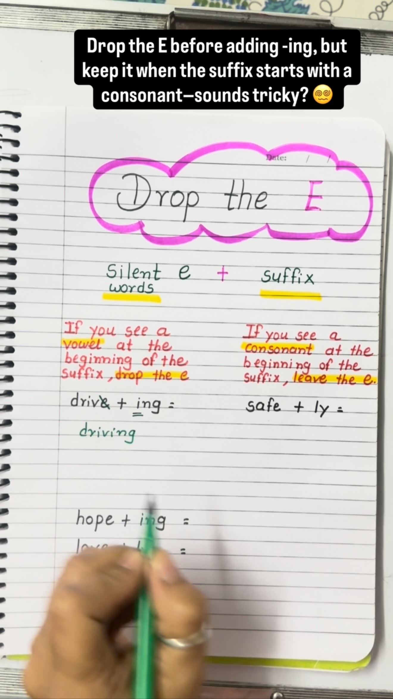 Drop the E before adding -ing, but keep it when the suffix starts with ...