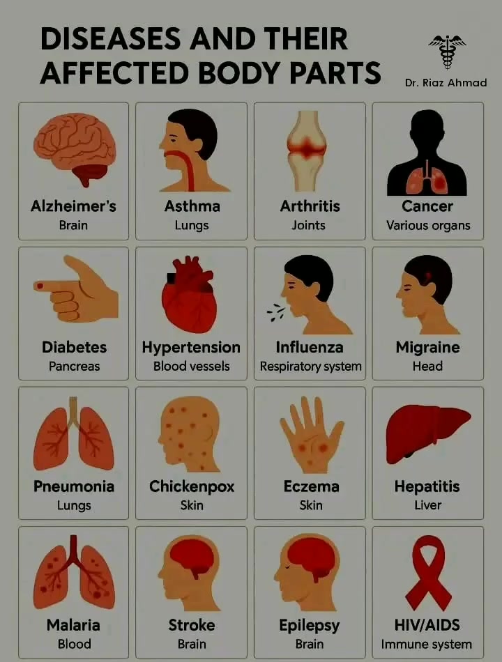 Diseases and their affected body part #disease | Dr Riaz Ahmad | Facebook
