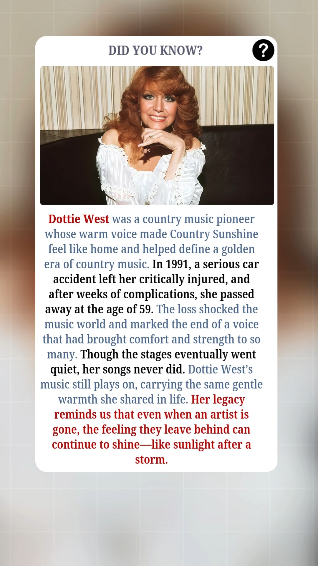 Dottie West Was A Country Music Pioneer Whose Warm Comforting Voice