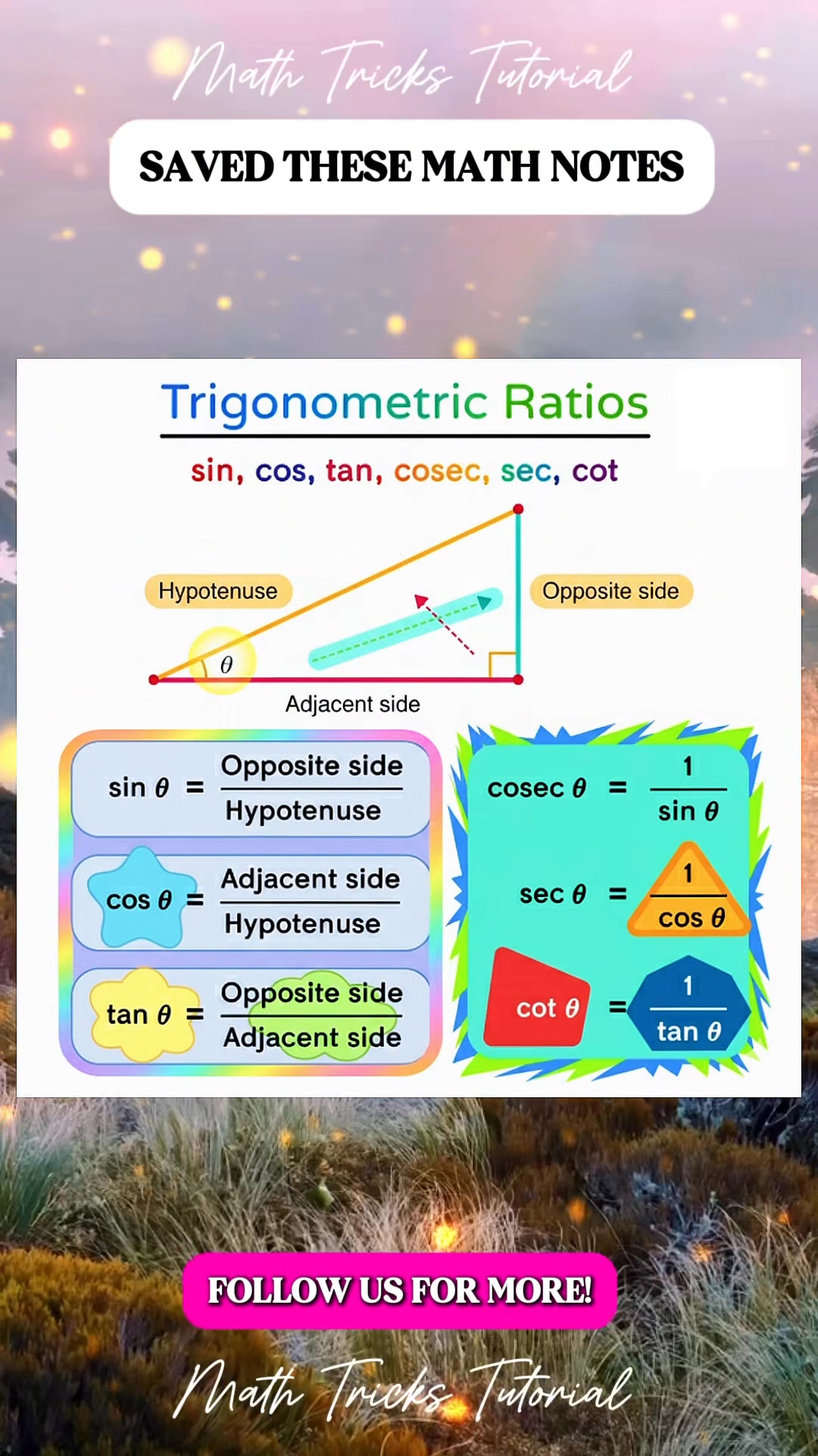 Trigonometric Ratios Math Notes | Math Tricks Tutorial | Facebook