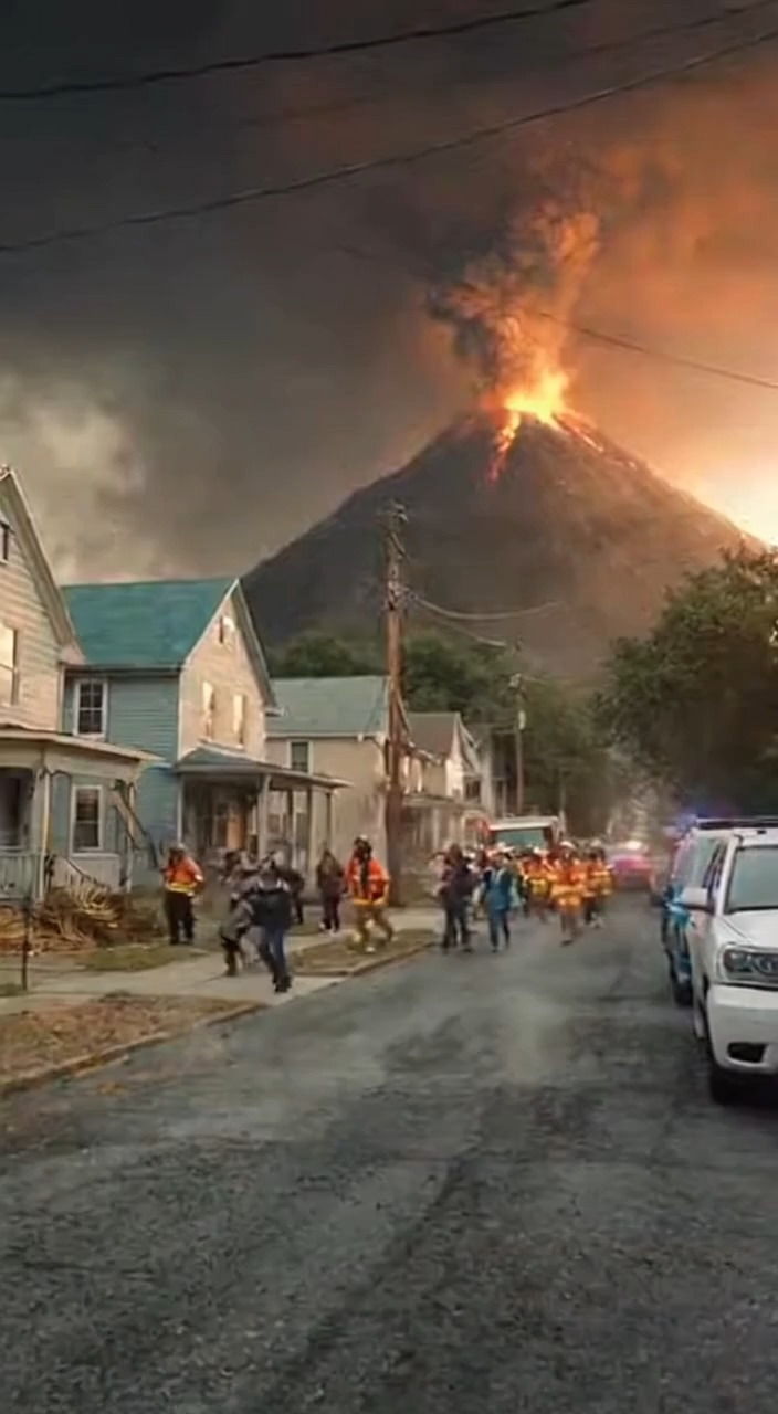 Volcanic Eruption Dominates Skyline In Suburban Street Feel Alone