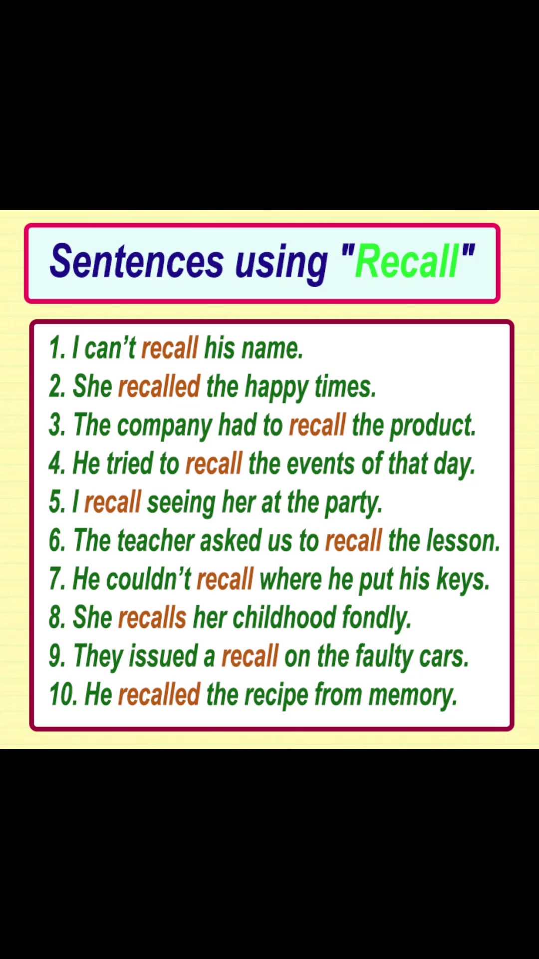 "Recall" meaning with example sentences Learn English Vocabulary # ...