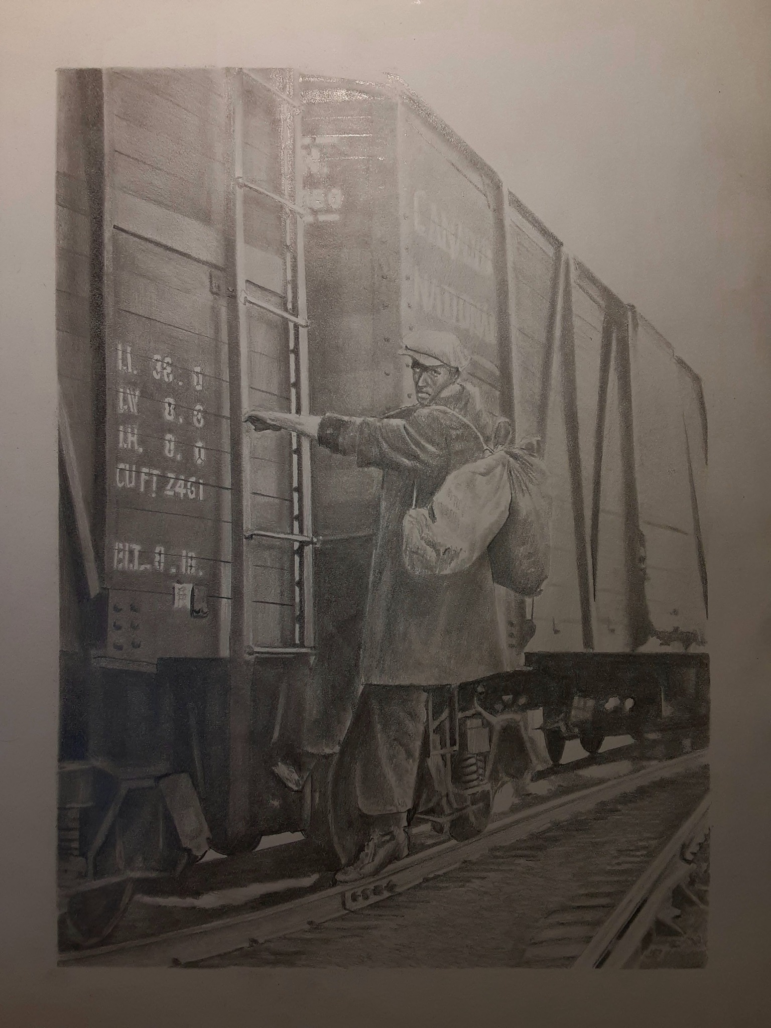 Canadian Art and Artists | Graphite of a man riding Canadian rails ...