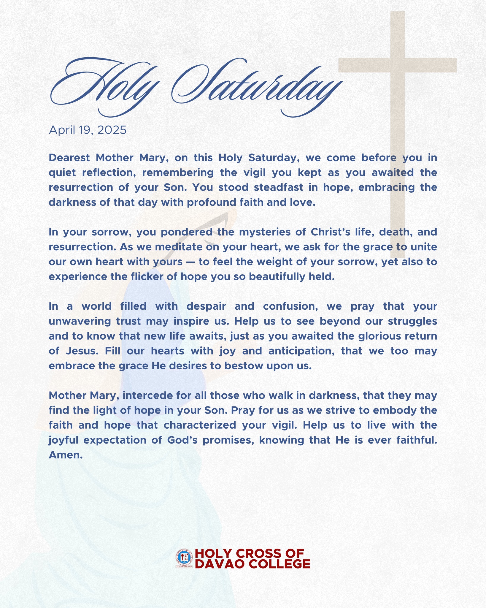 Holy Cross of Davao College - Prayer for Holy Saturday with Mother Mary ...