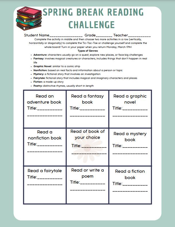 📚🎉 Spring Break Tic-Tac-Toe Reading... - Treadway Elementary | Facebook