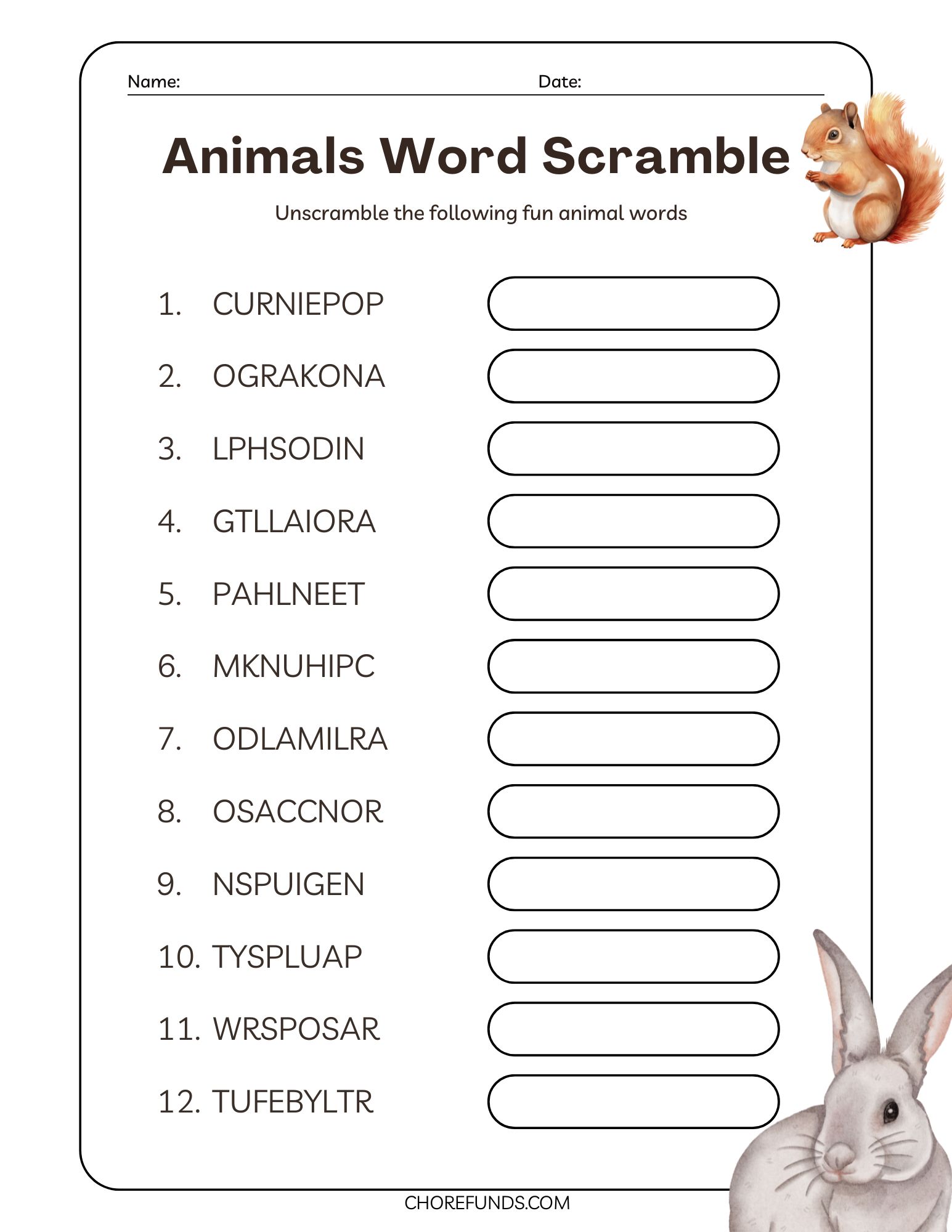 Free Printable Animals Word Scramble Worksheet #freeworksheets # ...