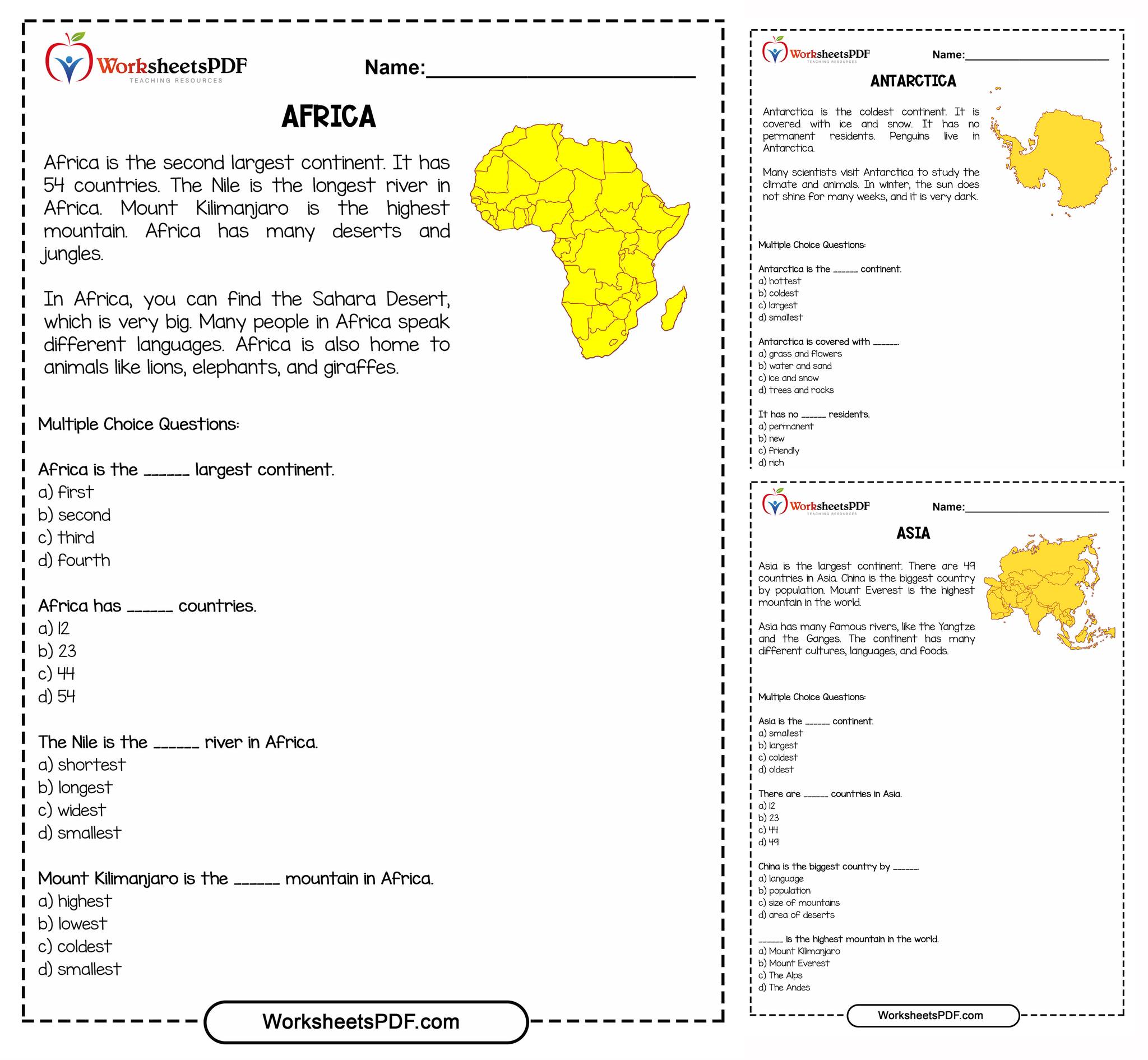 Worksheets - 7 Continents Reading Comprehension Download PDF https ...