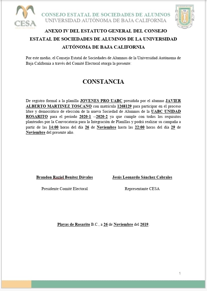 ¡constancia De Comité Electoral Uabc Unidad Rosarito
