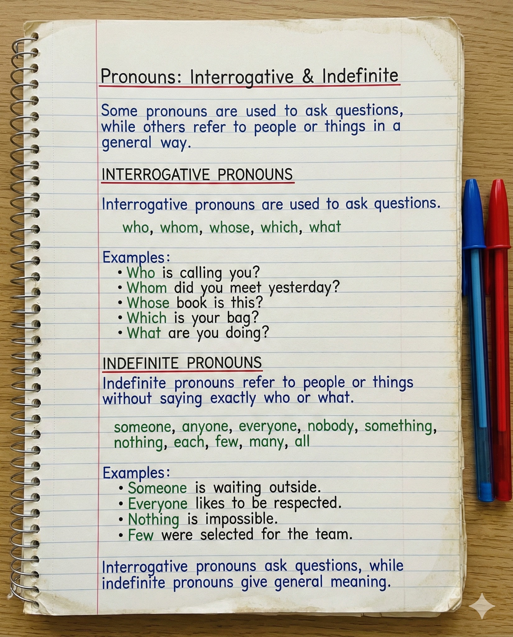 English - Pronouns (Interrogative & Indefinite) – Grammar Notebook ...