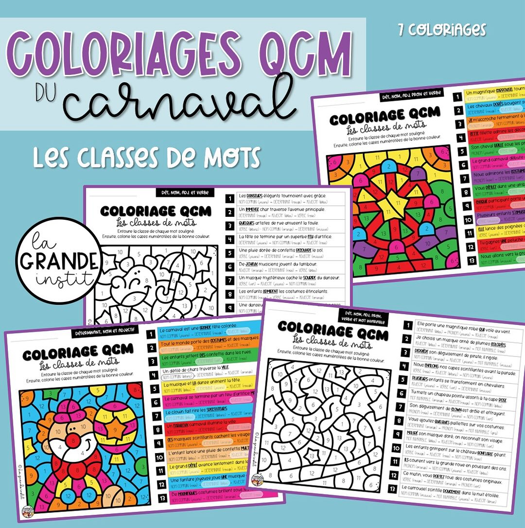 La - 🎉COLORIAGES QCM du Carnaval - Les classes de mots 🎠🍿 Après ceux ...
