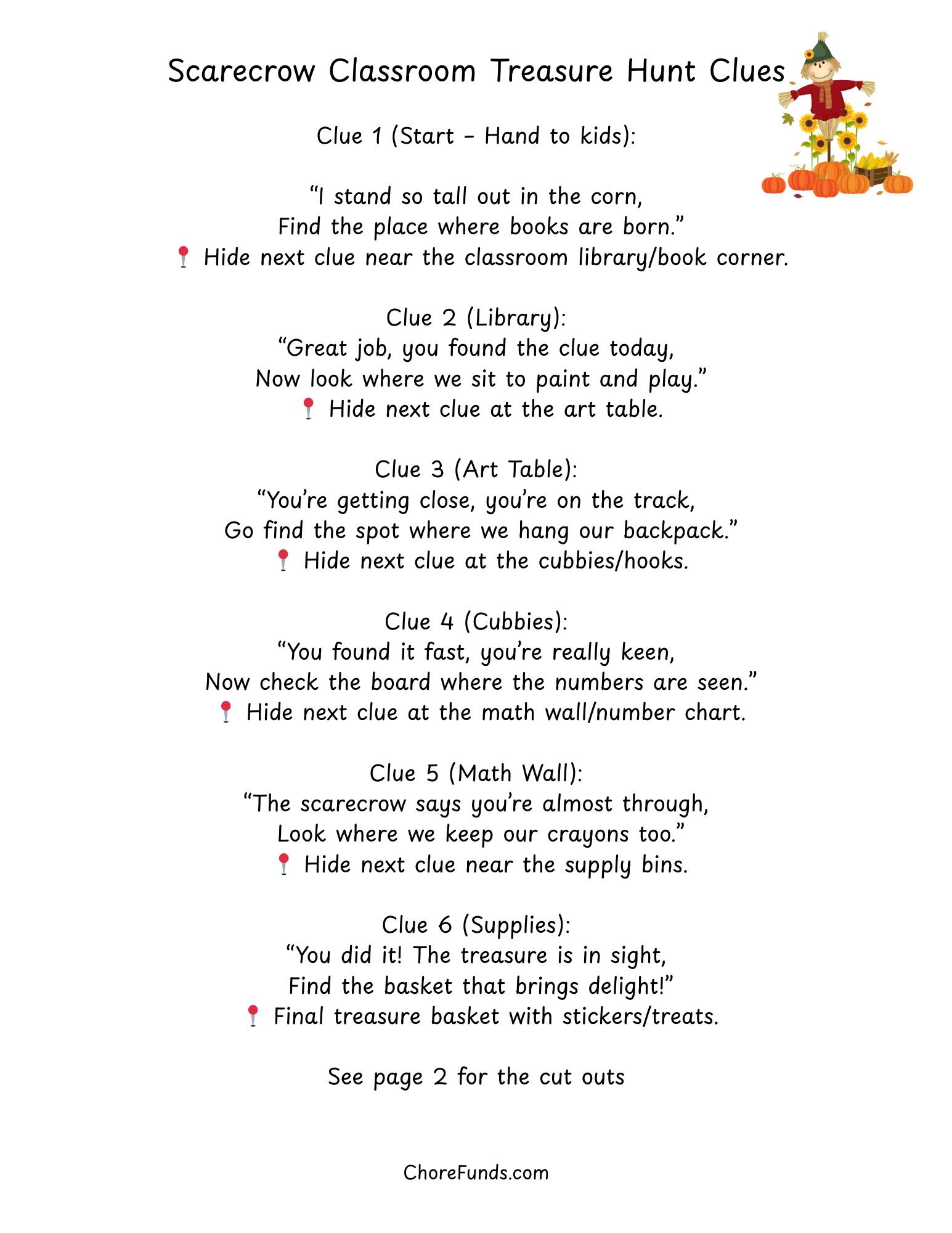 This is a free printable for an interactive scarecrow scavenger hunt ...