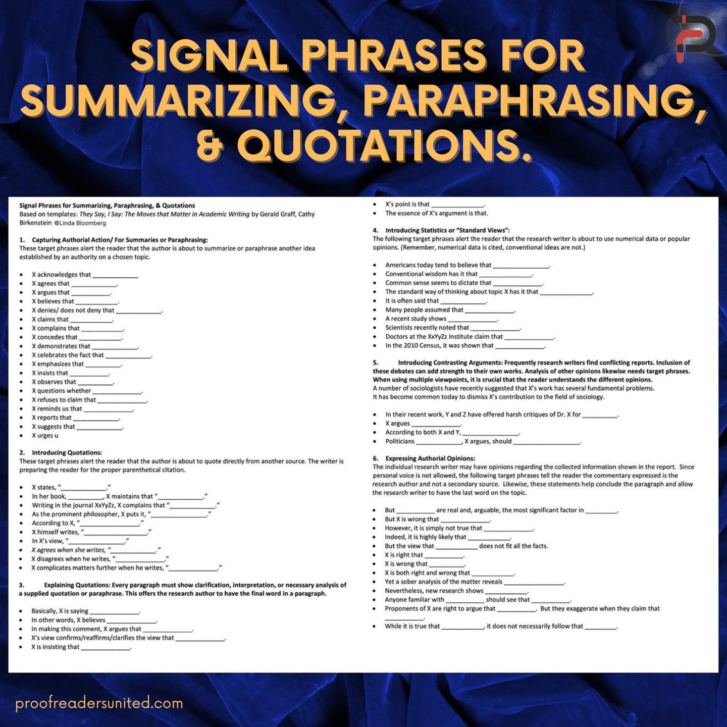 Proofreaders - SIGNAL PHRASES FOR SUMMARIZING, PARAPHRASING ...