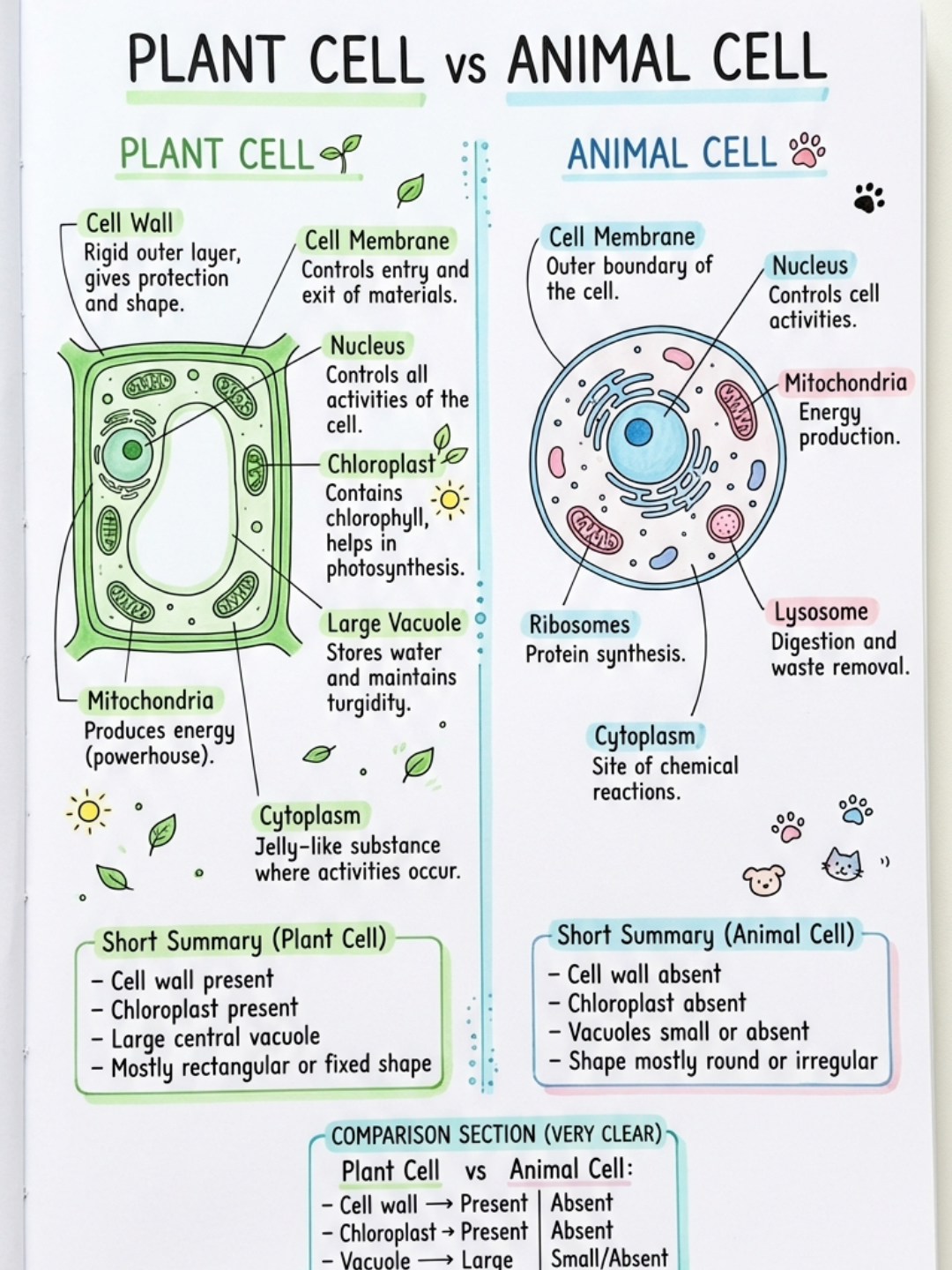 SP - 🌿 Plant Cell vs 🐾 Animal Cell One-page handwritten biology notes ️ ...