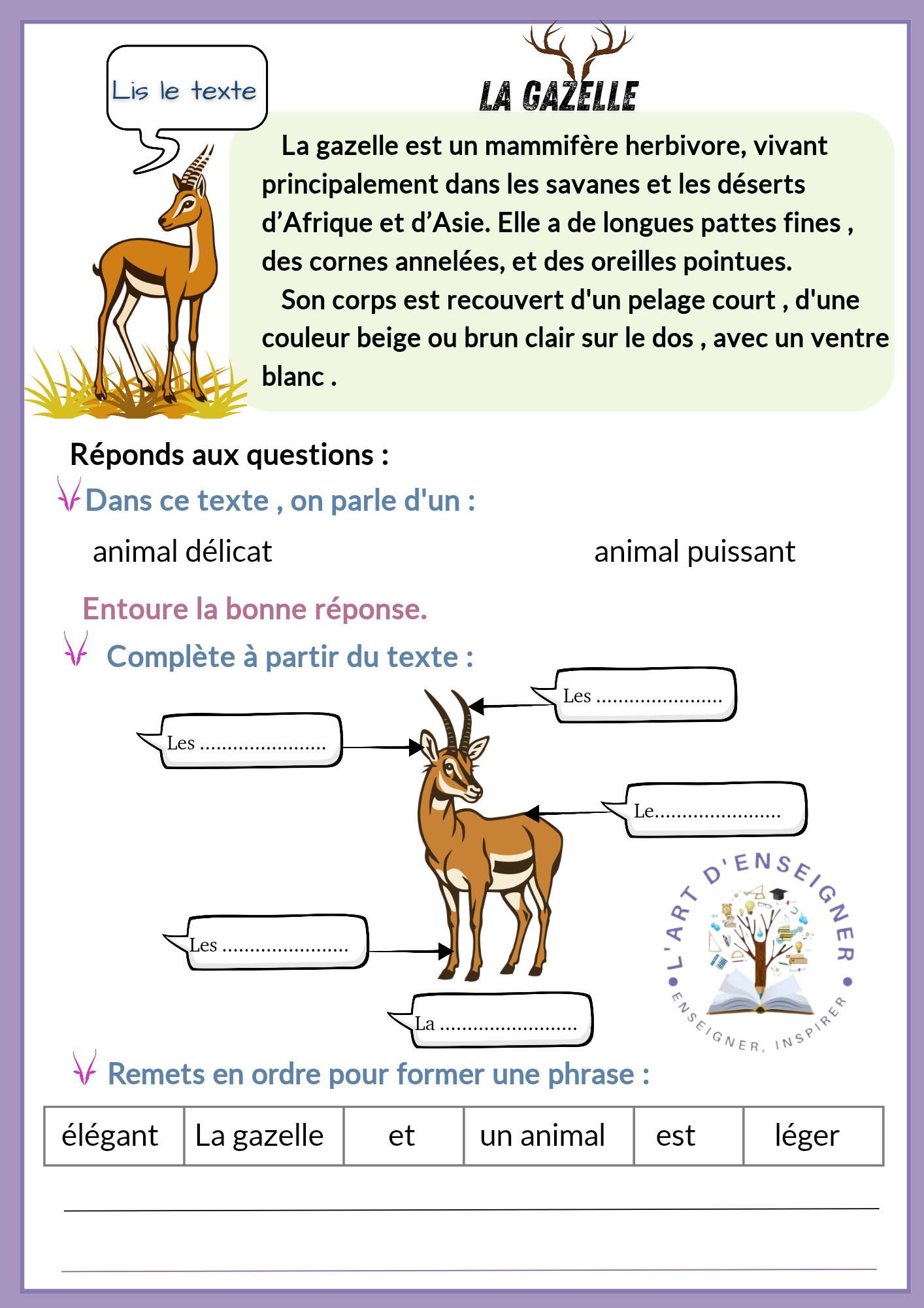 Compréhension de l'écrit La gazelle... - L'art d'enseigner | Facebook