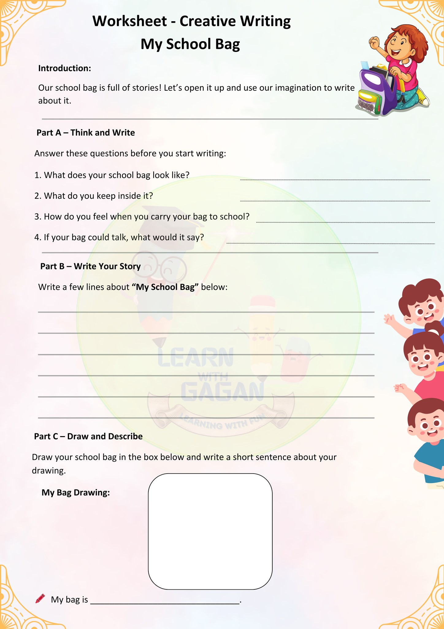 Learn - Creative Writing Worksheet - My School Bag | Learn with Gagan ...