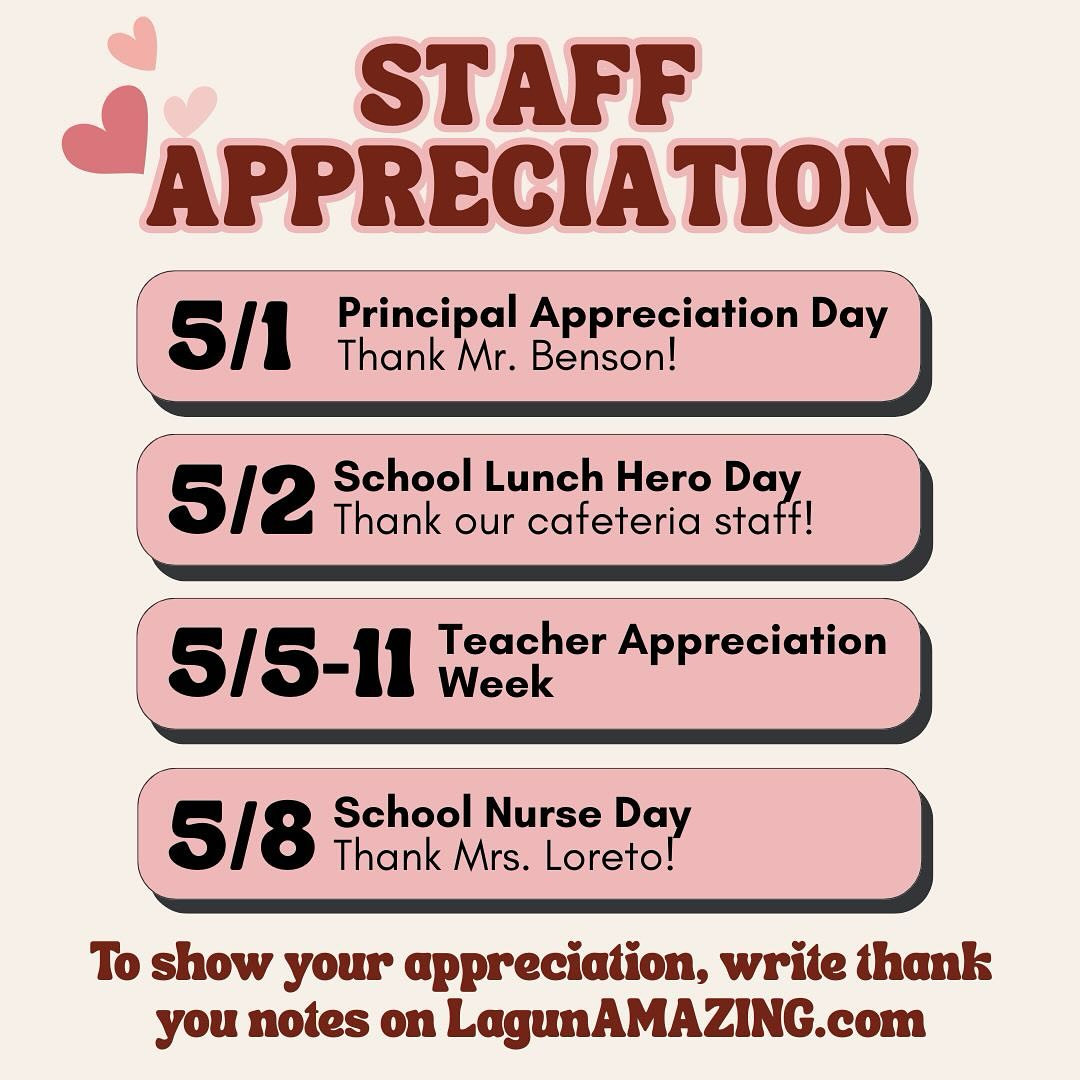 Laguna - Here are upcoming staff appreciation celebrations! ️ Thursday ...