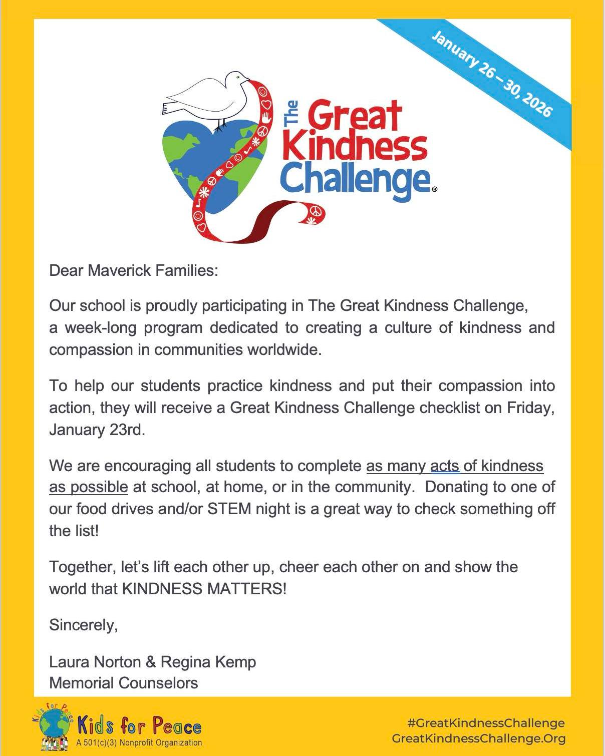 💙🌍 The Great Kindness Challenge is... - Memorial Elementary | Facebook