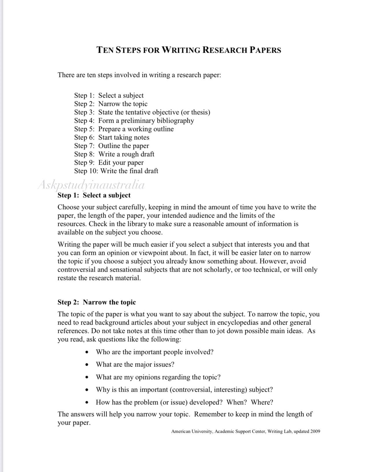 Askpstudyinaustralia - TEN STEPS FOR WRITING RESEARCH PAPERS Please see ...
