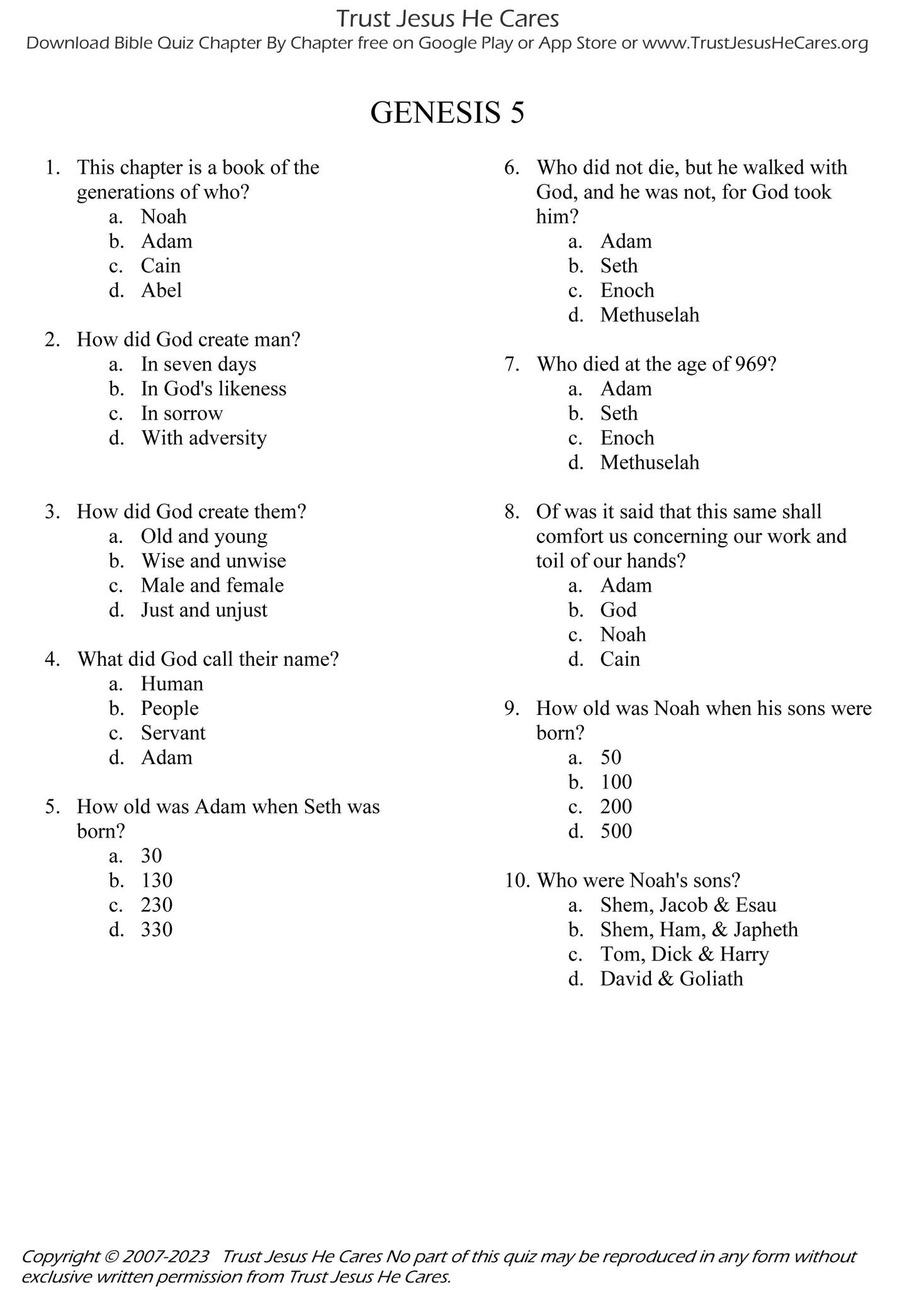 Trust - Genesis Chapter 5- Take this quiz and find free quizzes for ...
