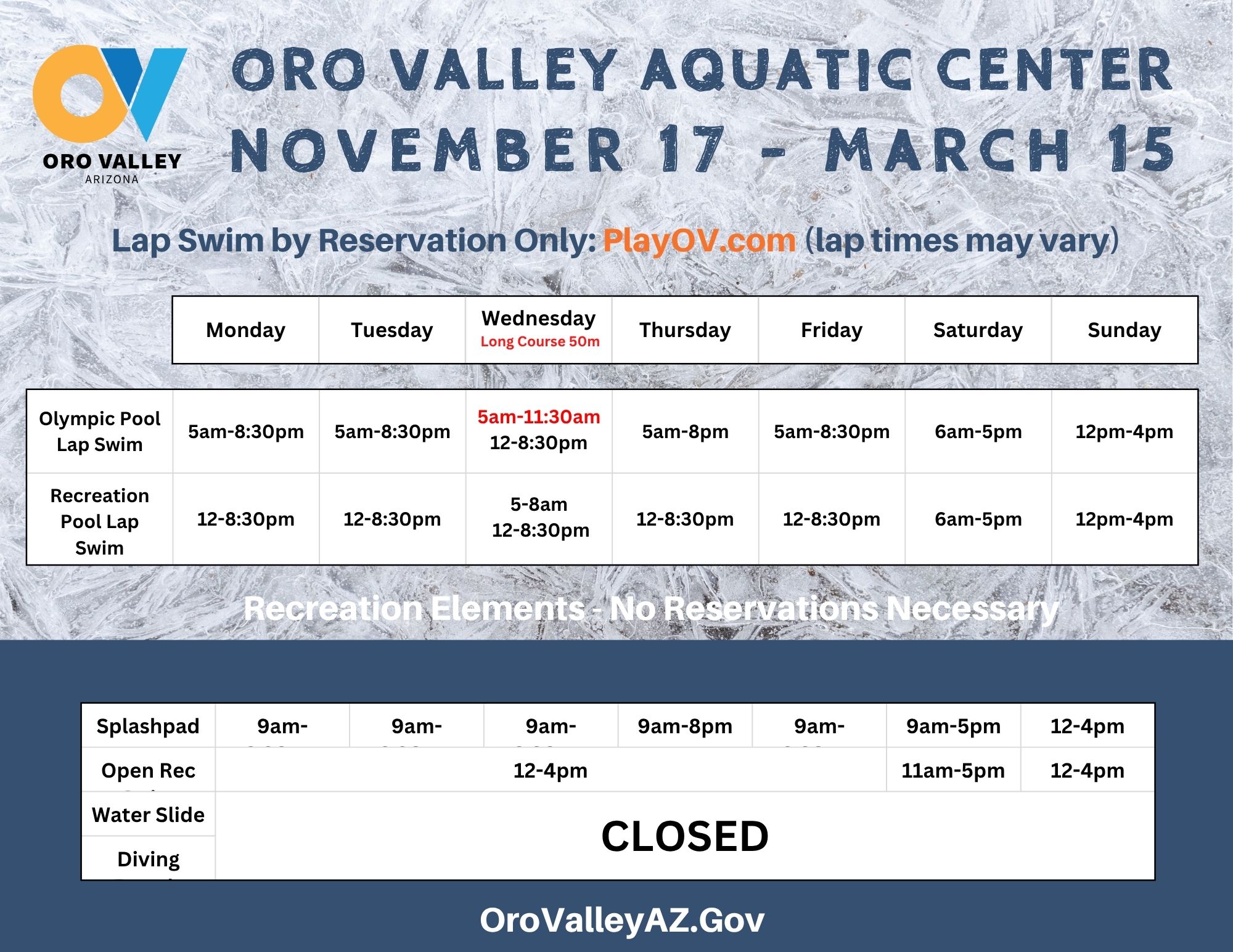 Oro 🌤️ Winter Hours Are Here ️ The Oro Valley Aquatic Center Will Be
