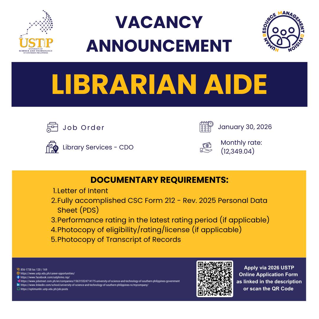 USTP - 📍 𝗡𝗢𝗧𝗜𝗖𝗘 𝗢𝗙 𝗛𝗜𝗥𝗜𝗡𝗚 📍 𝗝𝗢𝗕 𝗢𝗥𝗗𝗘𝗥 𝗣𝗢𝗦𝗜𝗧𝗜𝗢𝗡: 1. 𝗟𝗶𝗯𝗿𝗮𝗿𝗶𝗮𝗻 𝗔𝗶𝗱𝗲 ...