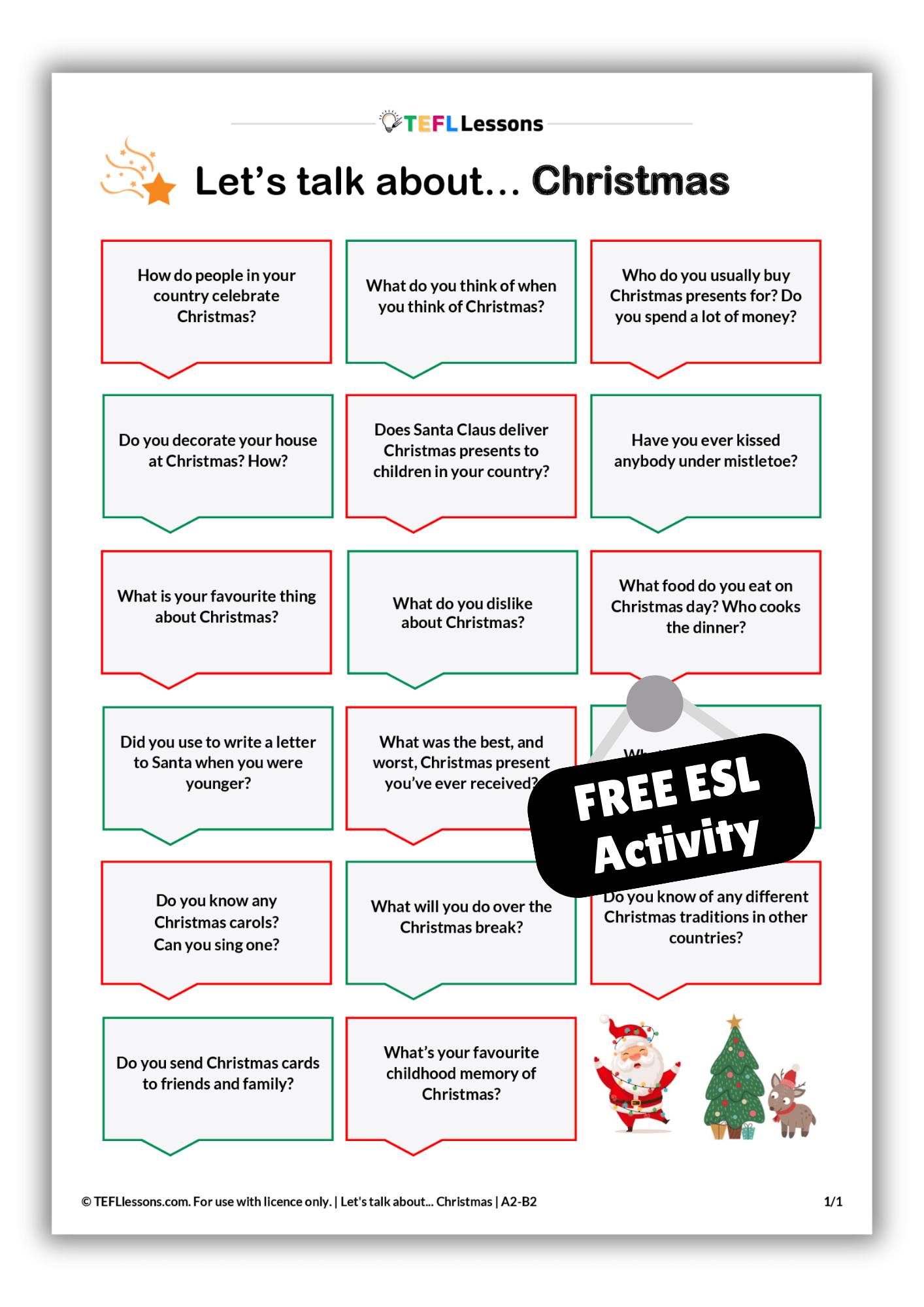 TEFLlessons.com - 🎄 FREE Christmas Conversation Activity... | Facebook