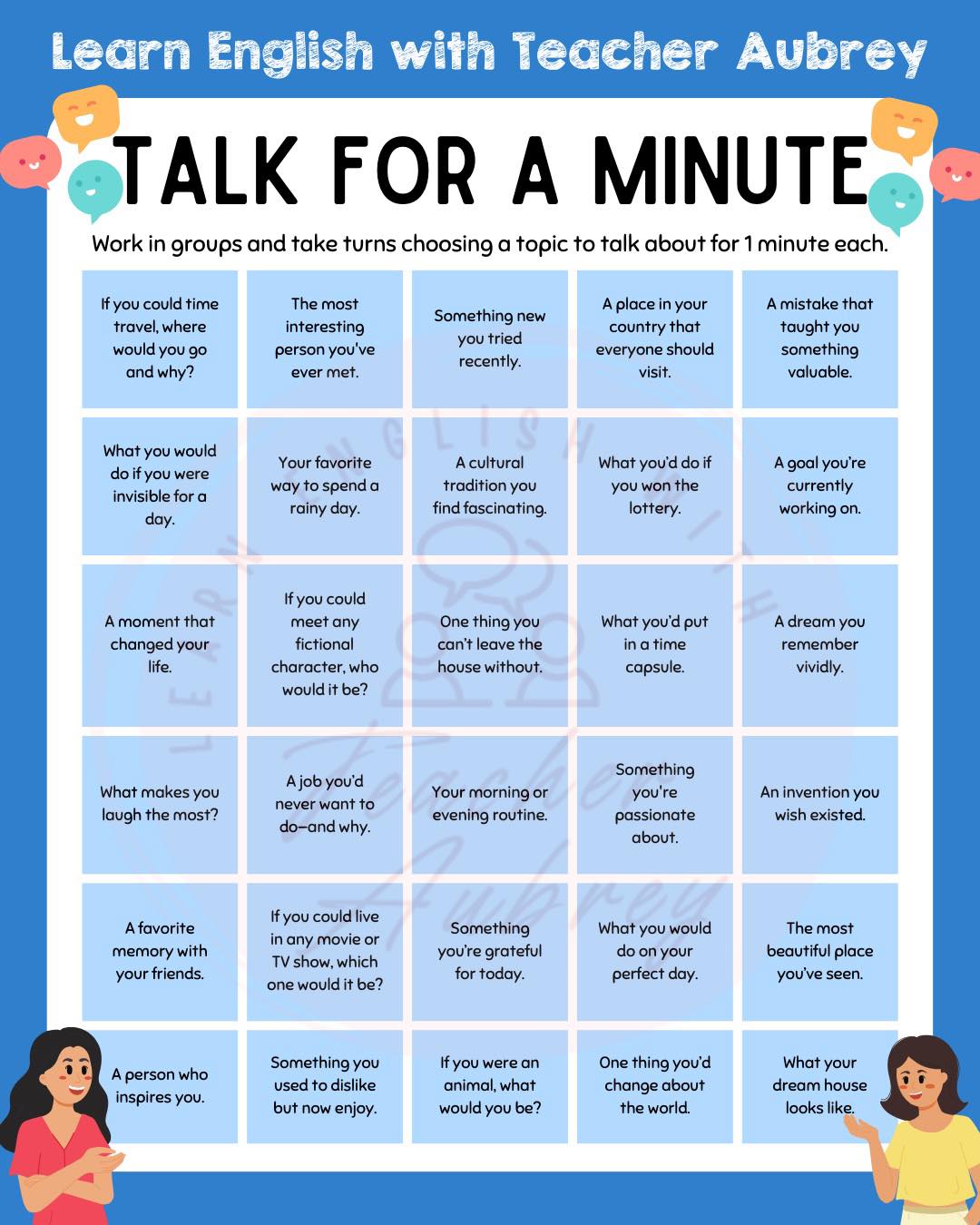 Learn - Talk for a Minutes Prompts 💬🗣️ #learnenglishwithteacheraubrey ...