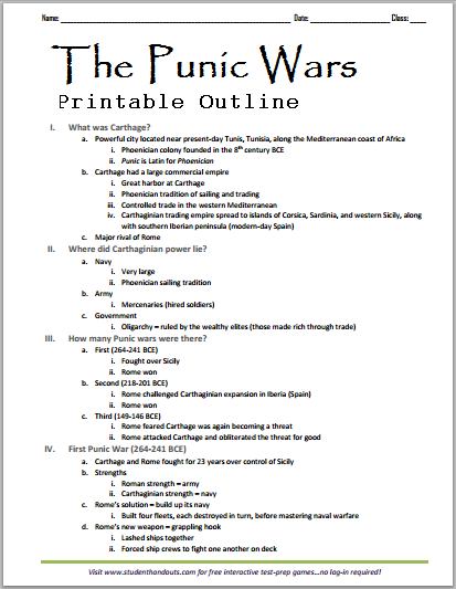 Student - The Punic Wars (264-146 B.C.E.) Printable Outline - Free to ...