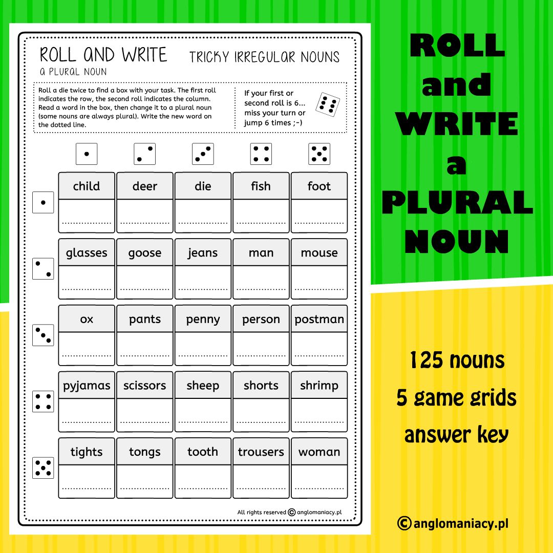 Anglomaniacy - PLURAL NOUNS ROLL AND WRITE GAME #PluralNouns #Grammar # ...
