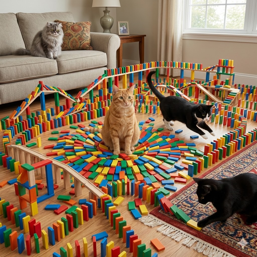 Cat - 4,000 dominoes. 4 hours of setup. 1 second of cat. We were ready ...