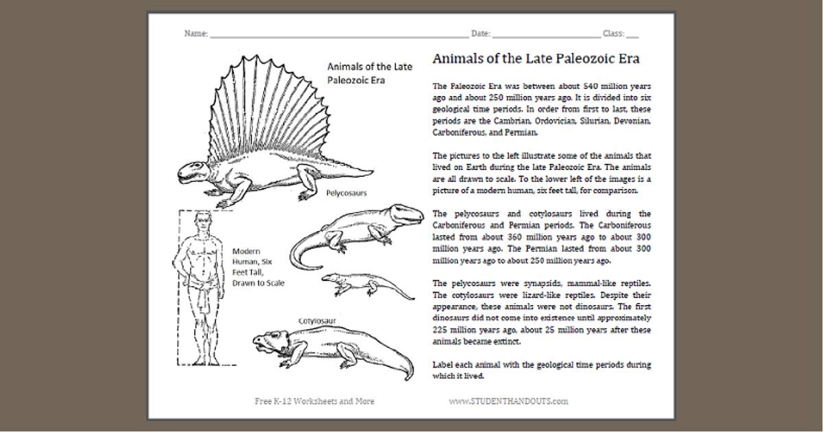 Student - Animals of the Late Paleozoic - Free printable worksheet for ...