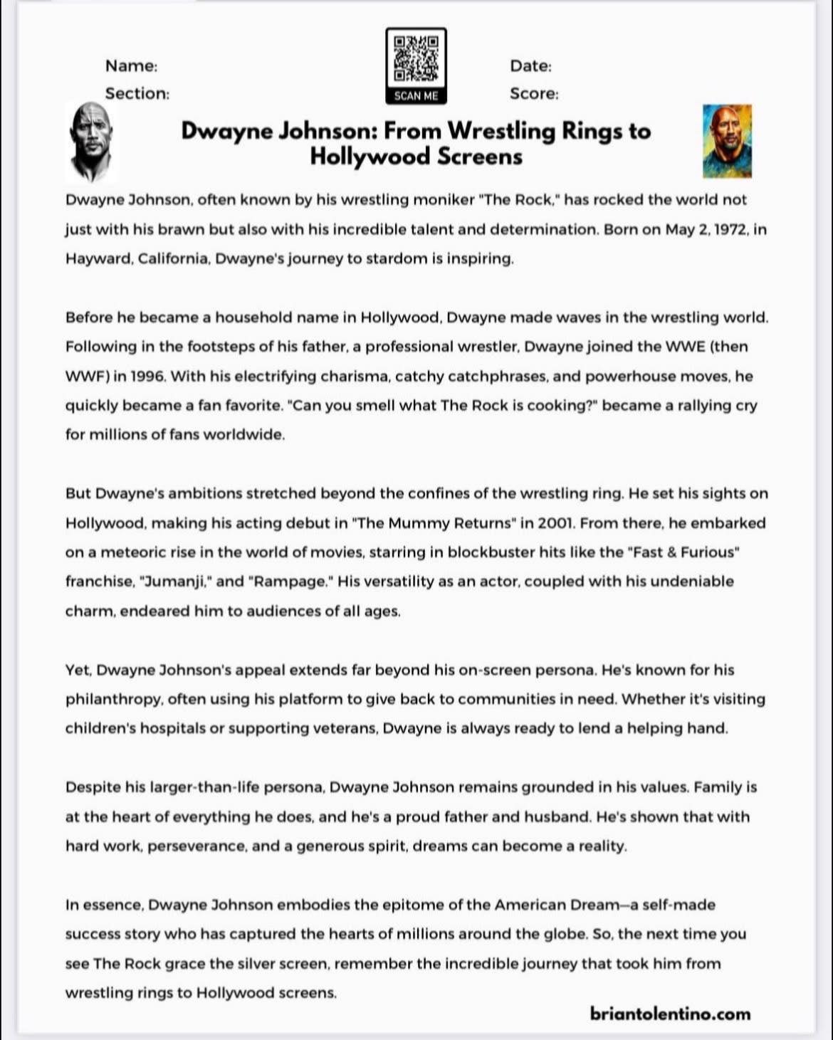 Tolentino - Dwayne Johnson (The Rock) Reading and Comprehension ...