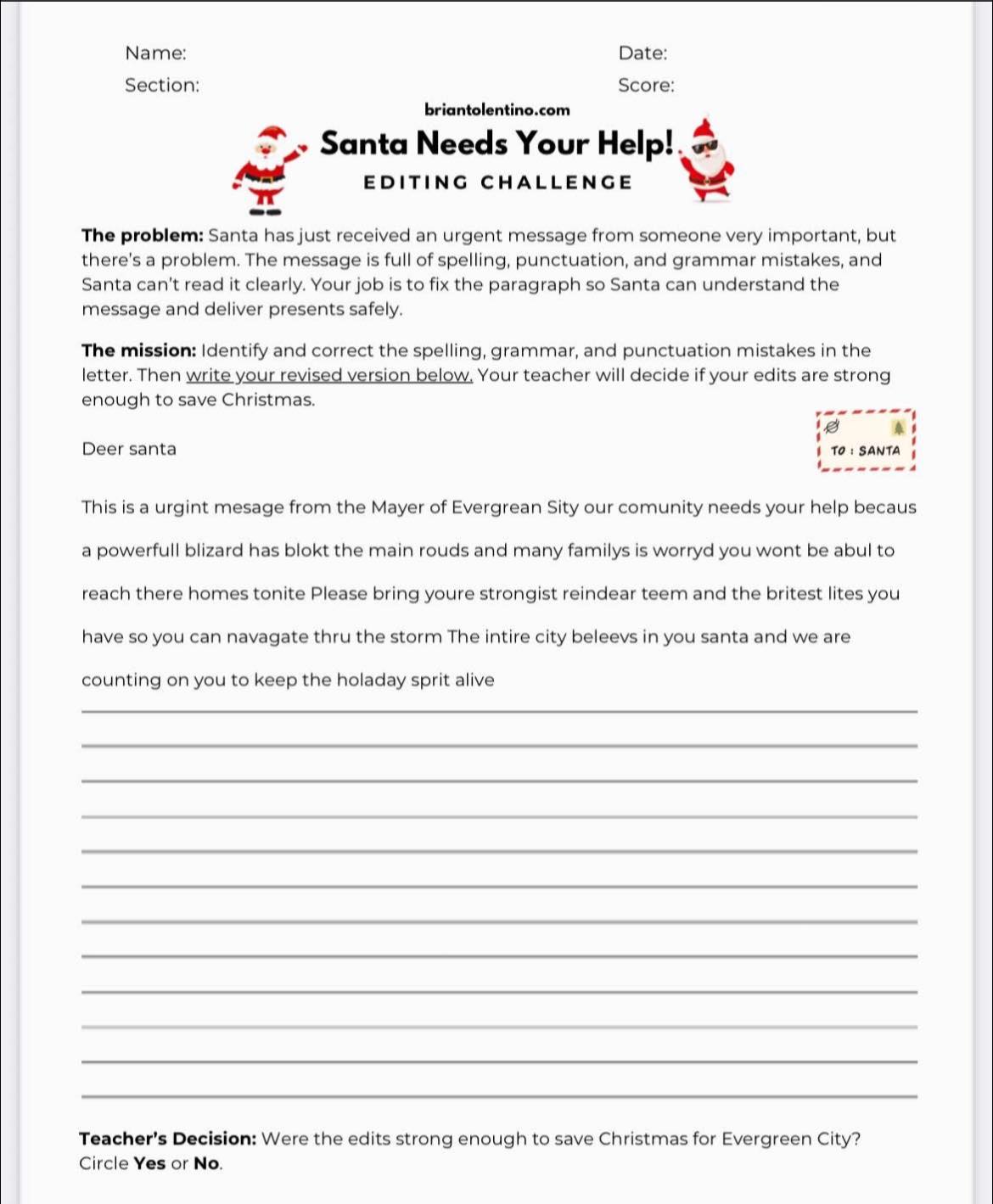 Tolentino - Santa Needs Your Help! (Editing Challenge) The problem ...