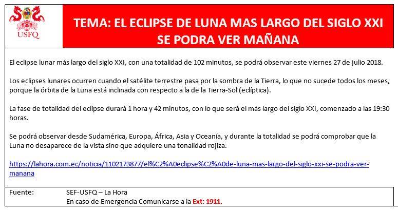 Usfq Alumni Tema El Eclipse De Luna Mas Largo Del Siglo Xxi El 0028