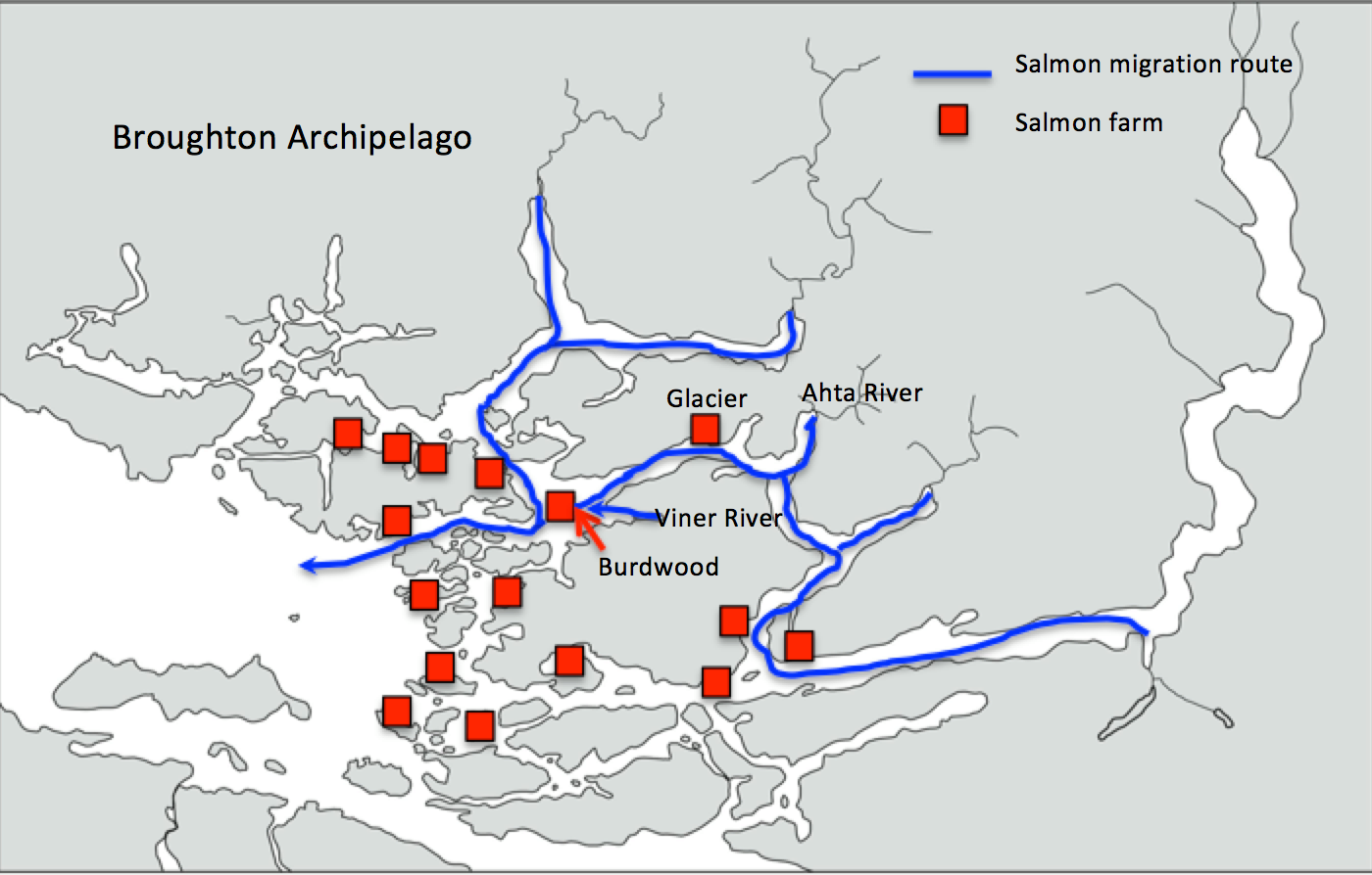 The RV Martin Sheen - Salmon farms and wild salmon migration routes - a ...