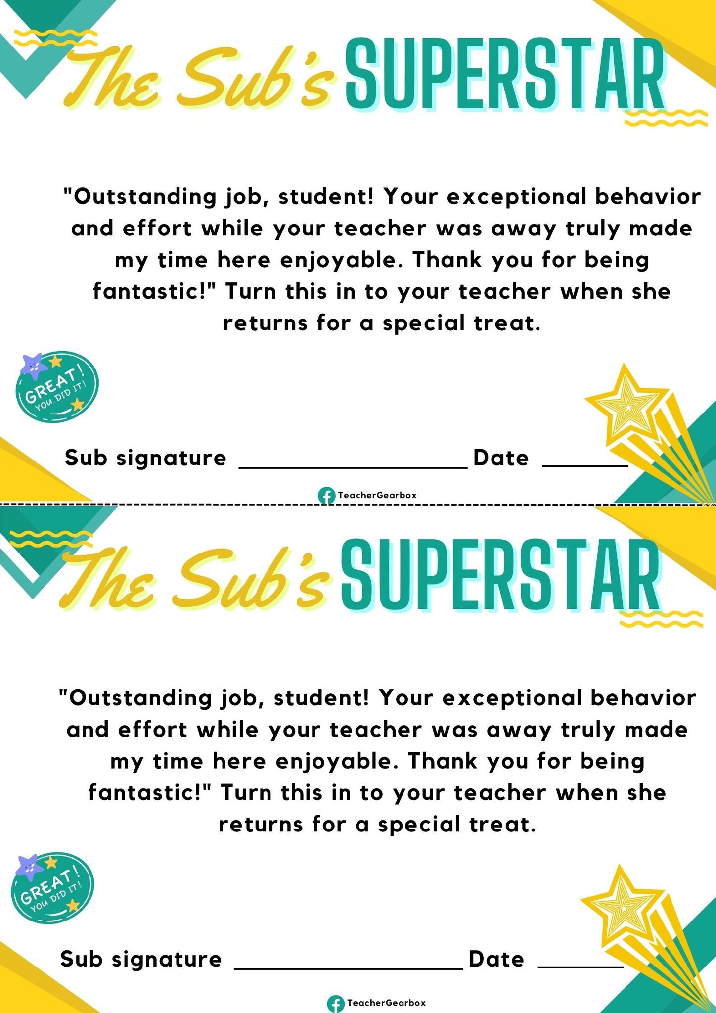TeacherGearbox - "The Sub's Superstar" teacher reward... | Facebook