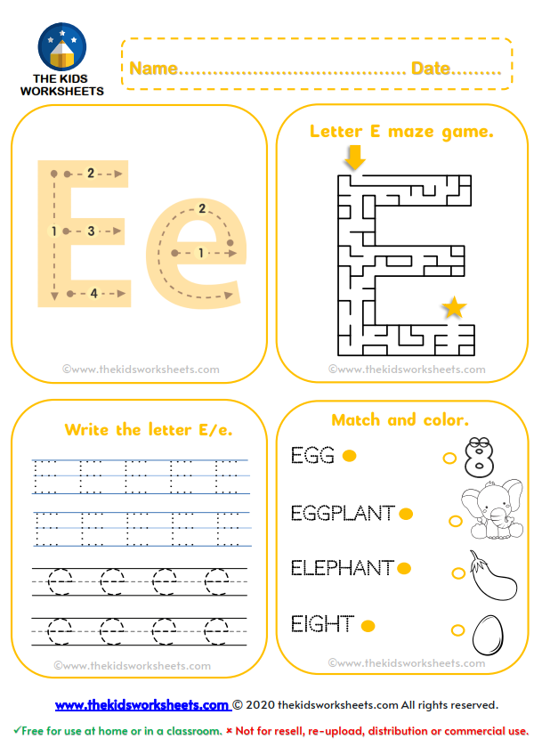Letter E: a maze game, tracing E... - The kids worksheets