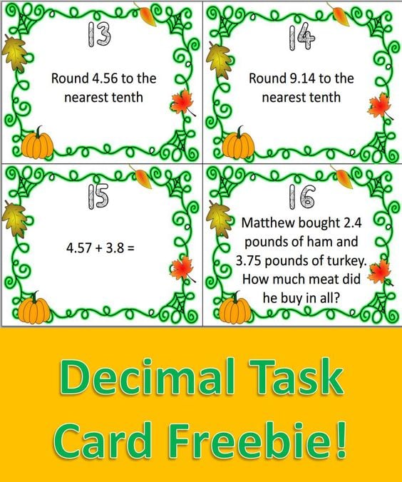 The Math Maniac - Fun and free task cards! Fall decimal...