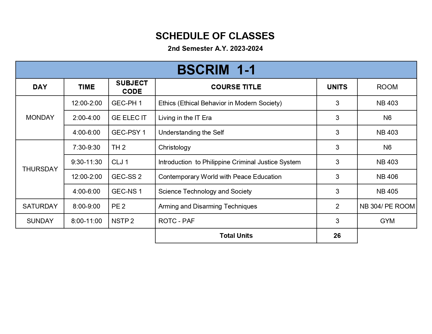 CLASS SCHEDULE: BACHELOR OF SCIENCE IN CRIMINOLOGY HEADS UP, ICONS! The ...