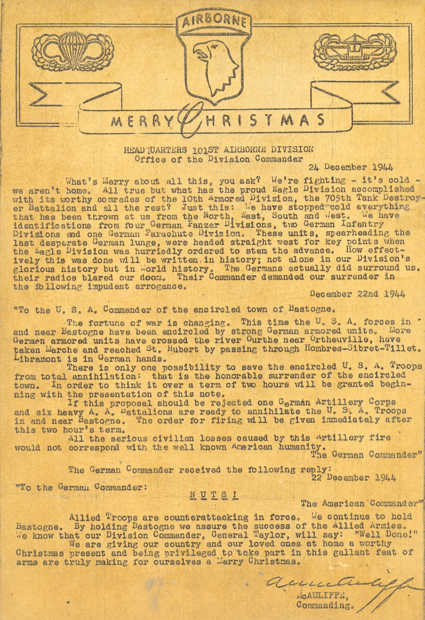 On this day, Christmas Eve, in 1944, General McAuliffe published this ...