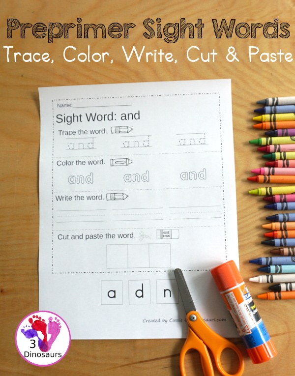 3 Dinosaurs - Preprimer Sight Word Trace, Color, Write,...
