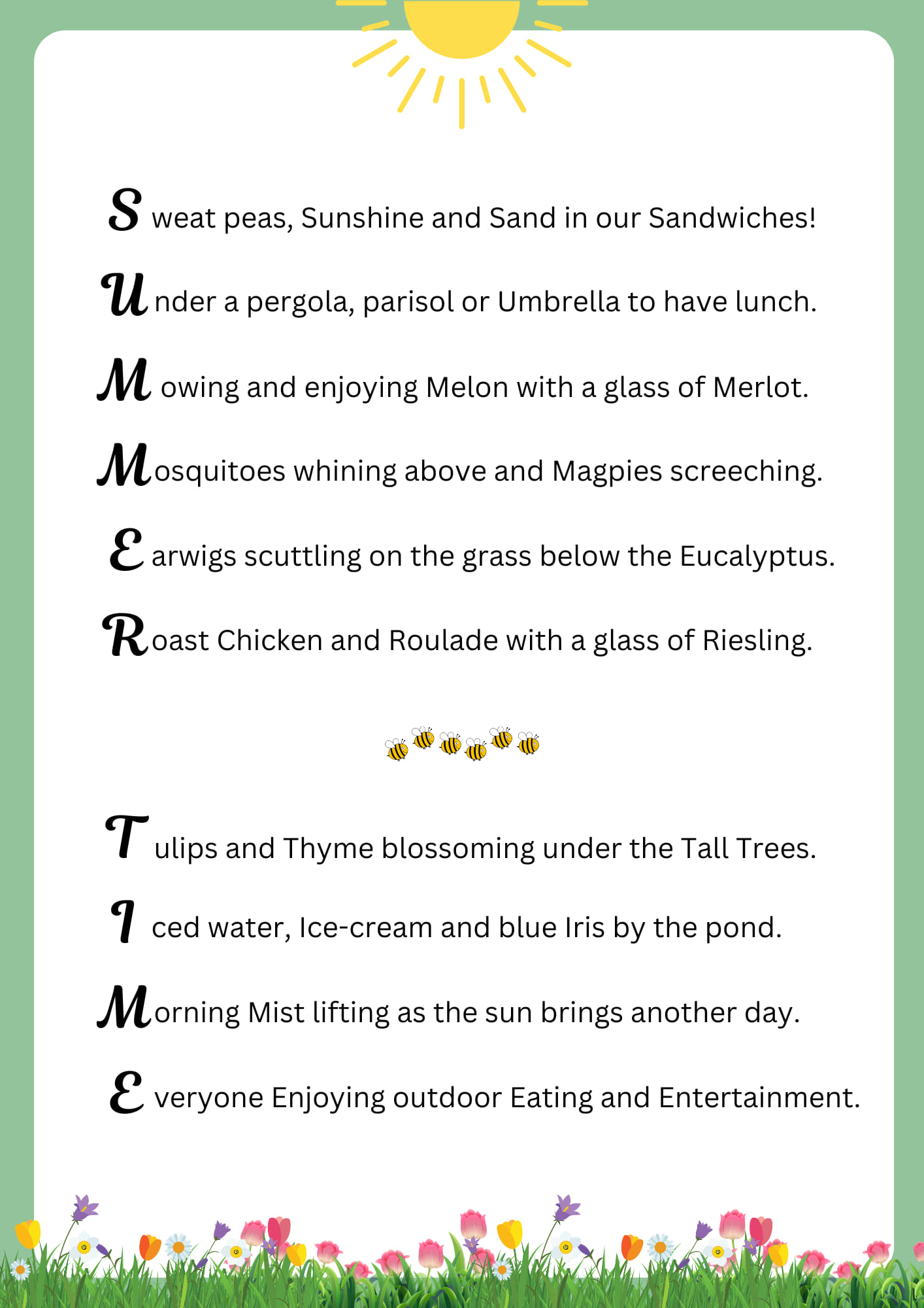 Creative - A Summer Time acrostic poem co-created with some of the ...