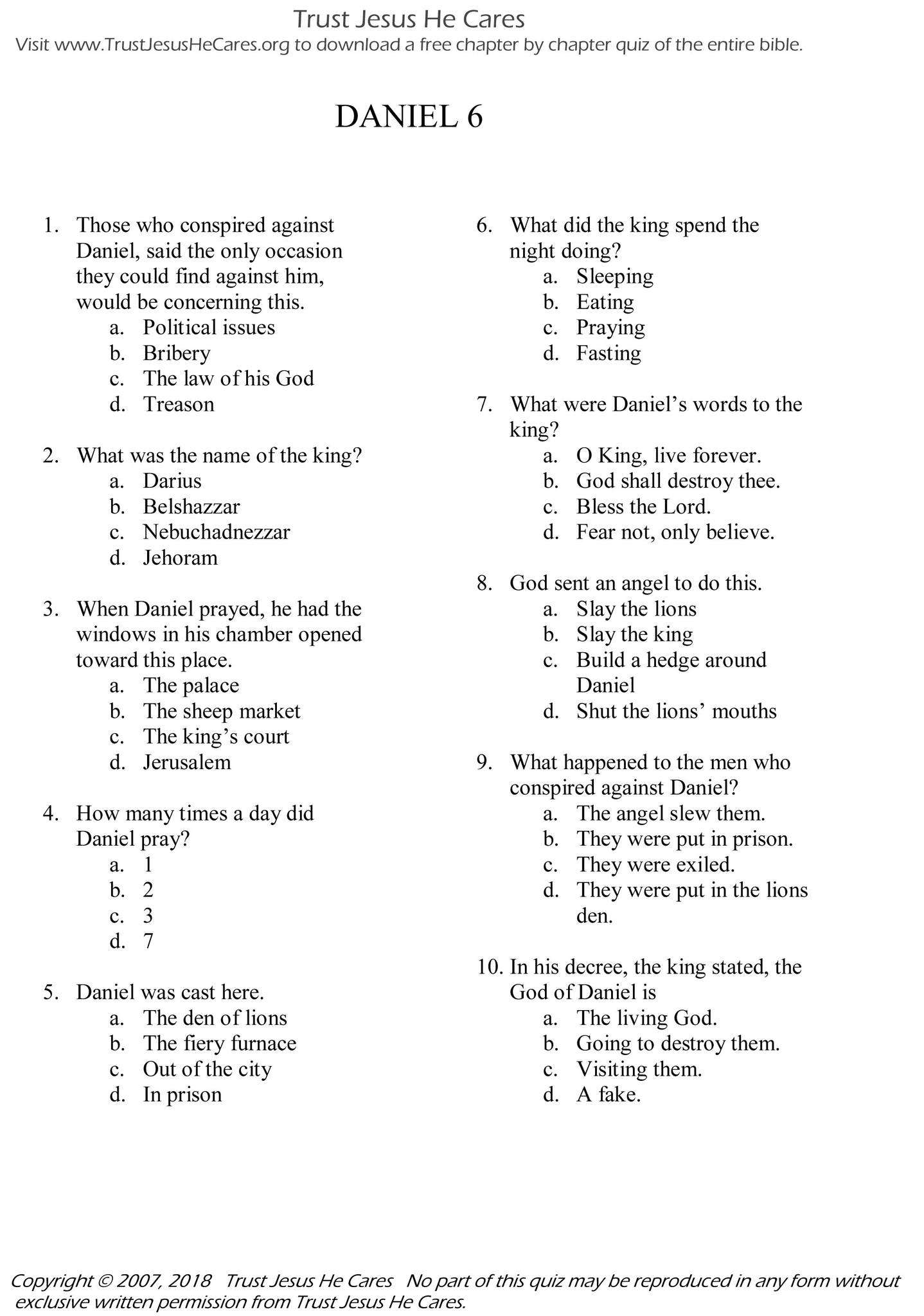 Daniel Chapter 6 multiple-choice... - Trust Jesus He Cares