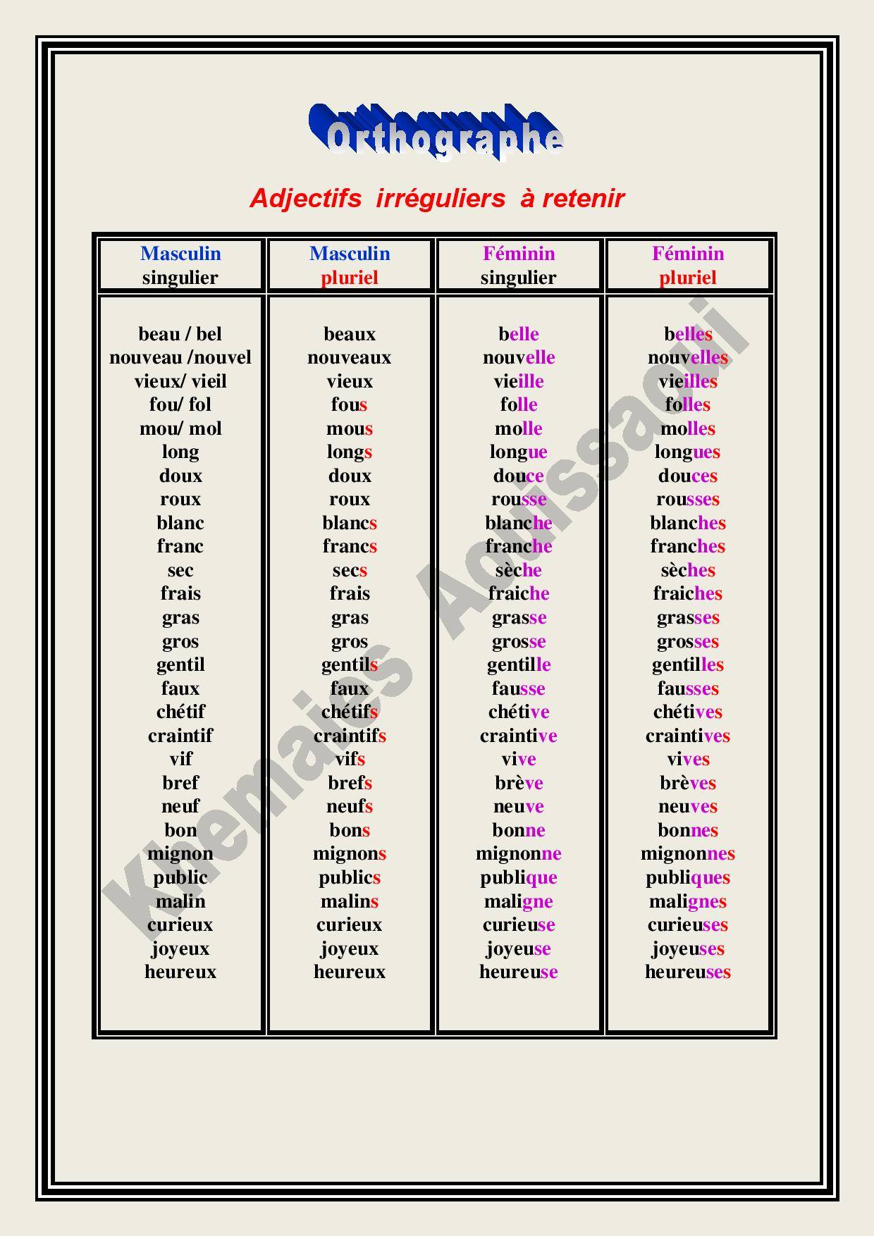 Adjectifs irréguliers(6ème année). - Préparons-nous à l'examen | Facebook