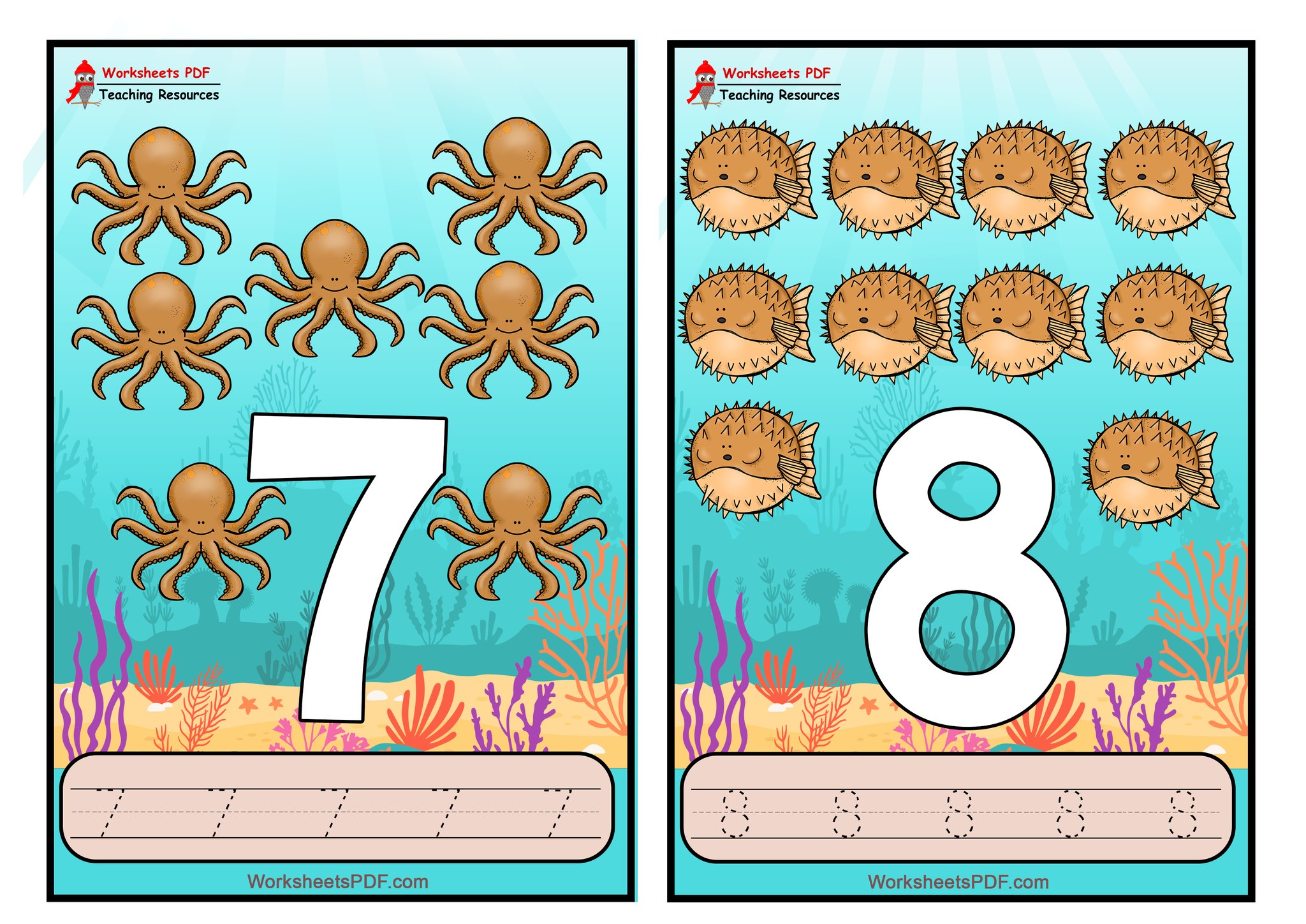 Worksheets PDF - Sea Animals Number Tracing Download PDF...